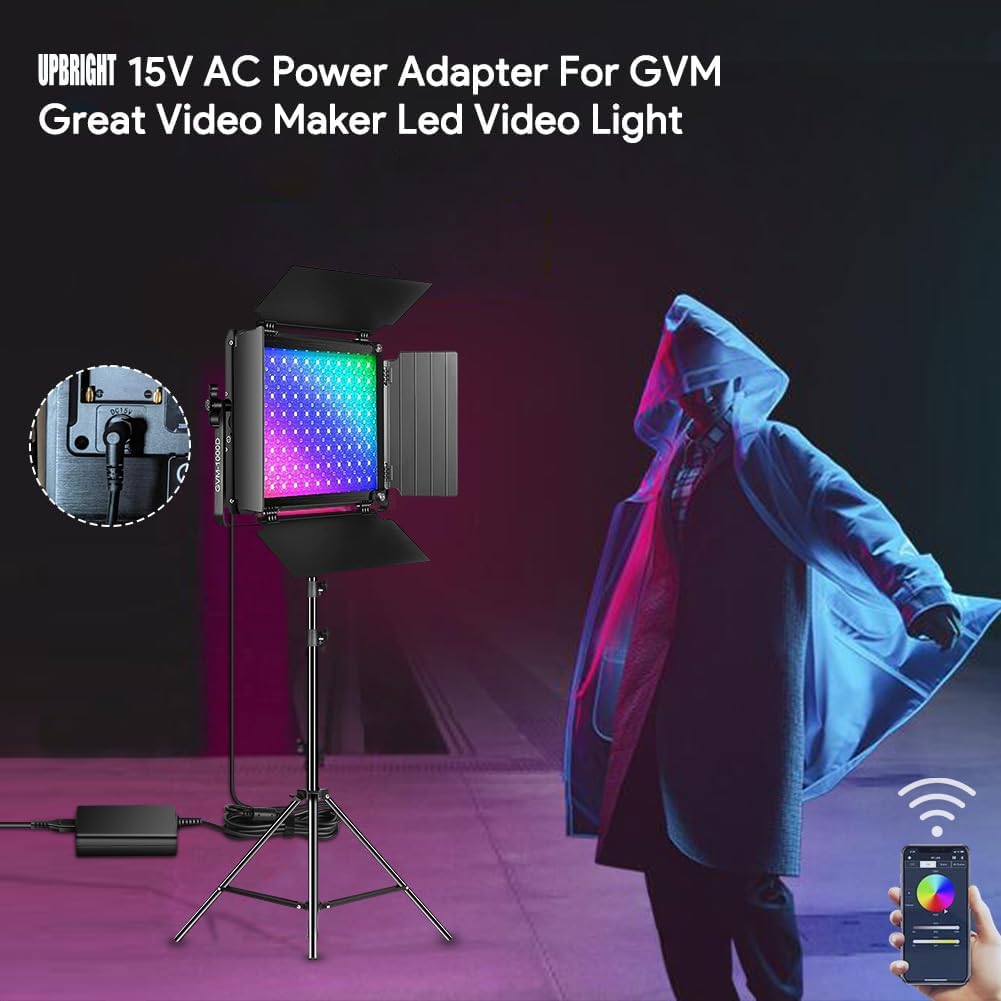 UpBright 15V AC/DC Adapter Compatible with Great Videq Maker DC-625-1530 DC6251530 DC-6251530 DC625-1530 GVM RGB LED Studio Video Light Kit Output 15VDC 3.0A DC15V 3A 45W Power Supply Cord Charger