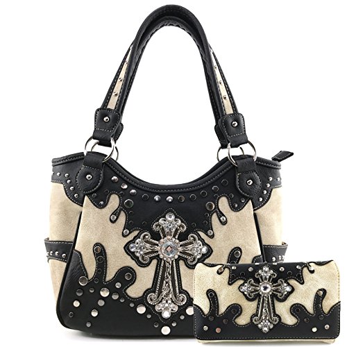 Justin West Cross Studs Concealed Carry Shoulder Handbag Tote Purse Crossbody Wallet (Beige Set)