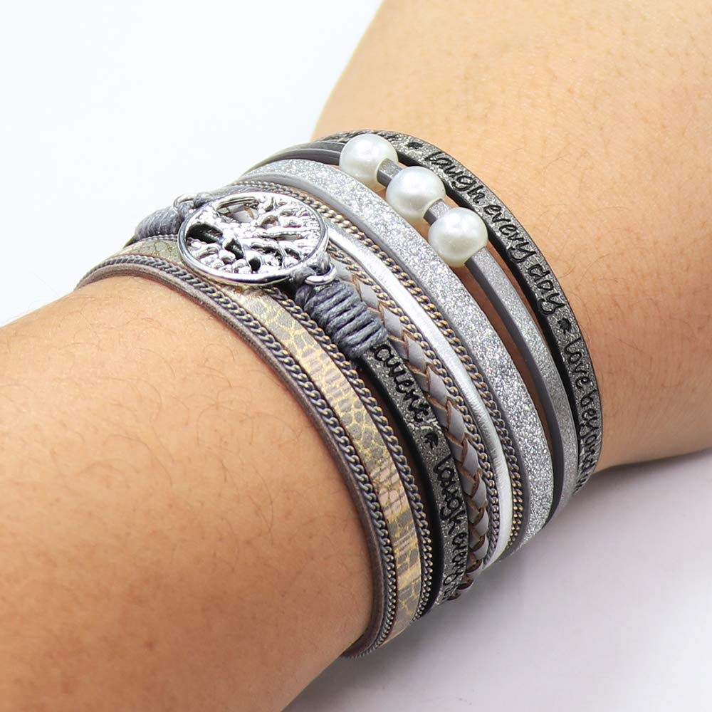 KSQS Tree of Life Multilayer Leather Wrap Bracelets，Boho Pearl Gorgeous Cuff Bracelet with Magnetic Buckle,Casual Bangle for Women