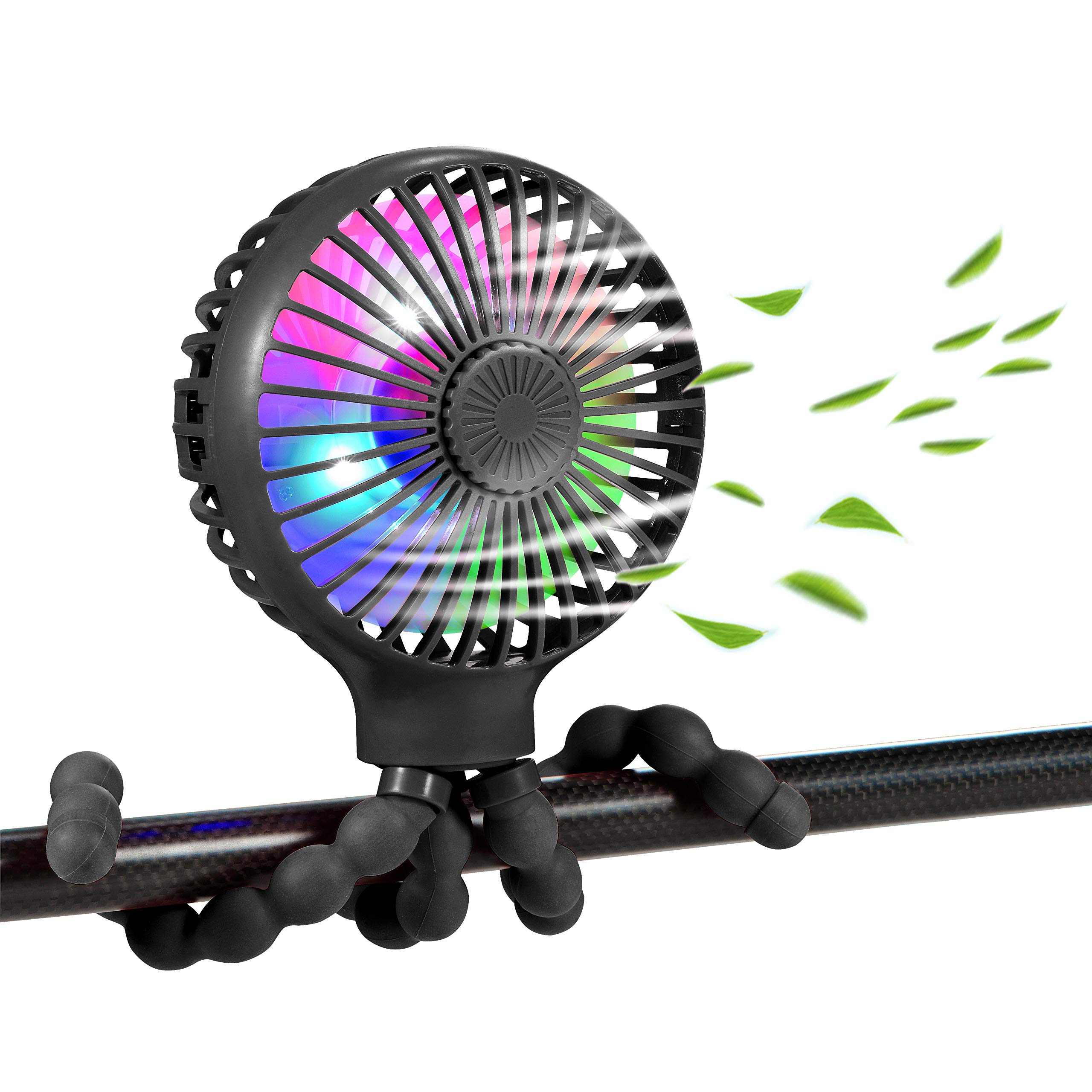 scurry Stroller Fan, Portable Desk Fan, Mini USB Fan, 2600mAH Rechargeable Battery Operated Fan with LED Light and Aromatherapy, Flexible Tripod Design Personal Handheld Fan for Stroller (Black)