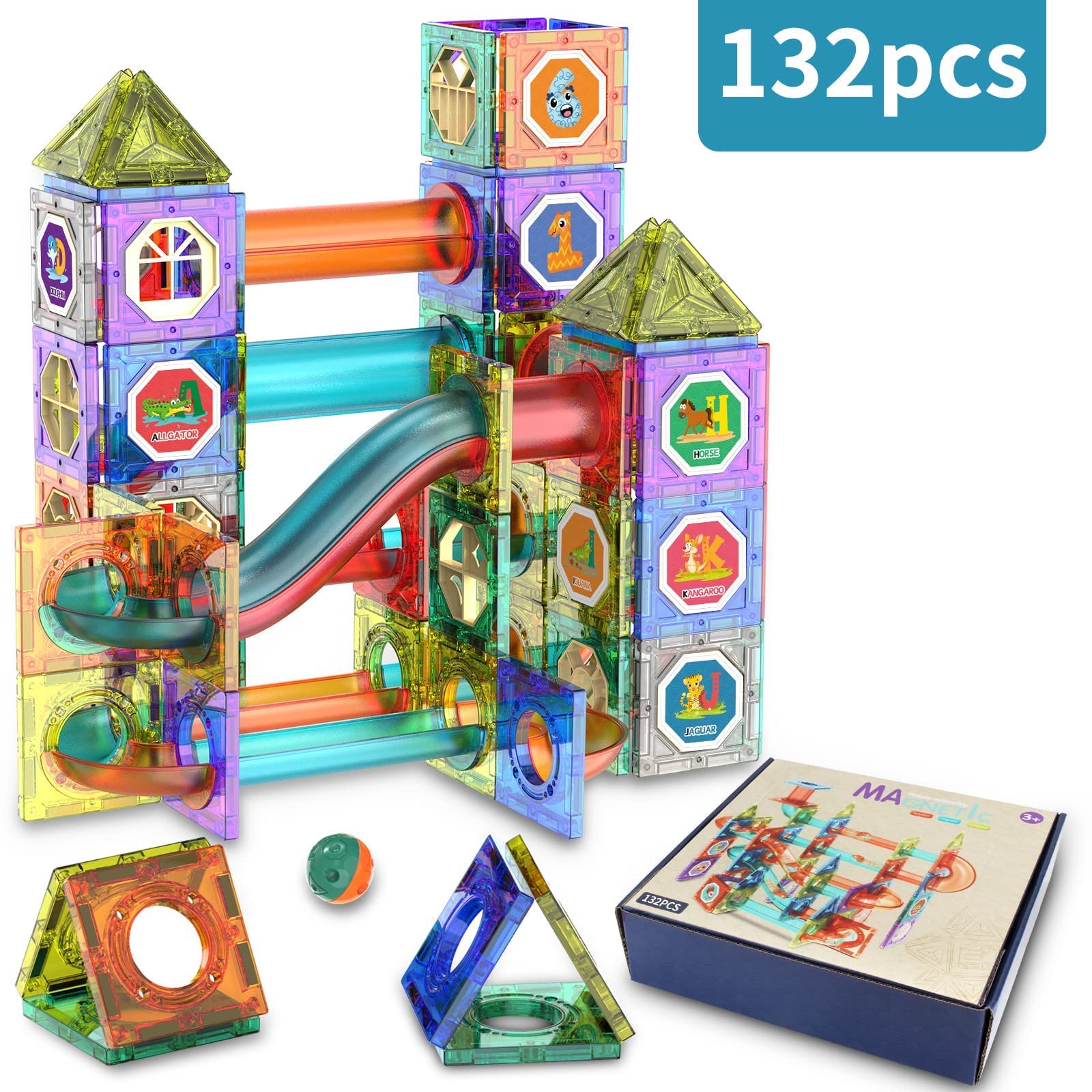 Nuseiis Magnetic Tiles, 132 PCS Marble Run, Magnetic Balls Marble Run Building Blocks for Kids, 3D Stem Learning Education Toys for Age 3 4 5 6 7 8+ Years Old
