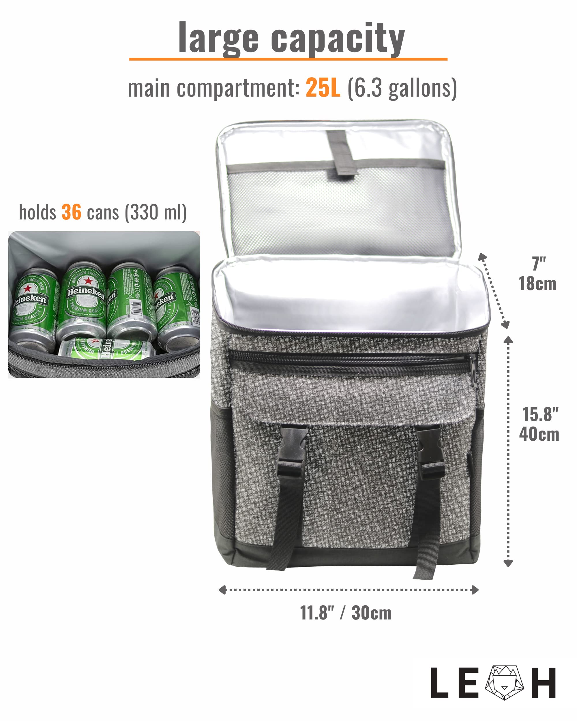 Leoh Lunch Backpack for Men | Backpack Cooler Insulated Leak Proof 36 Cans | Cooler Backpack Insulated Waterproof | Backpack Lunch Bag for Men Women | Beach Cooler Bag 25L