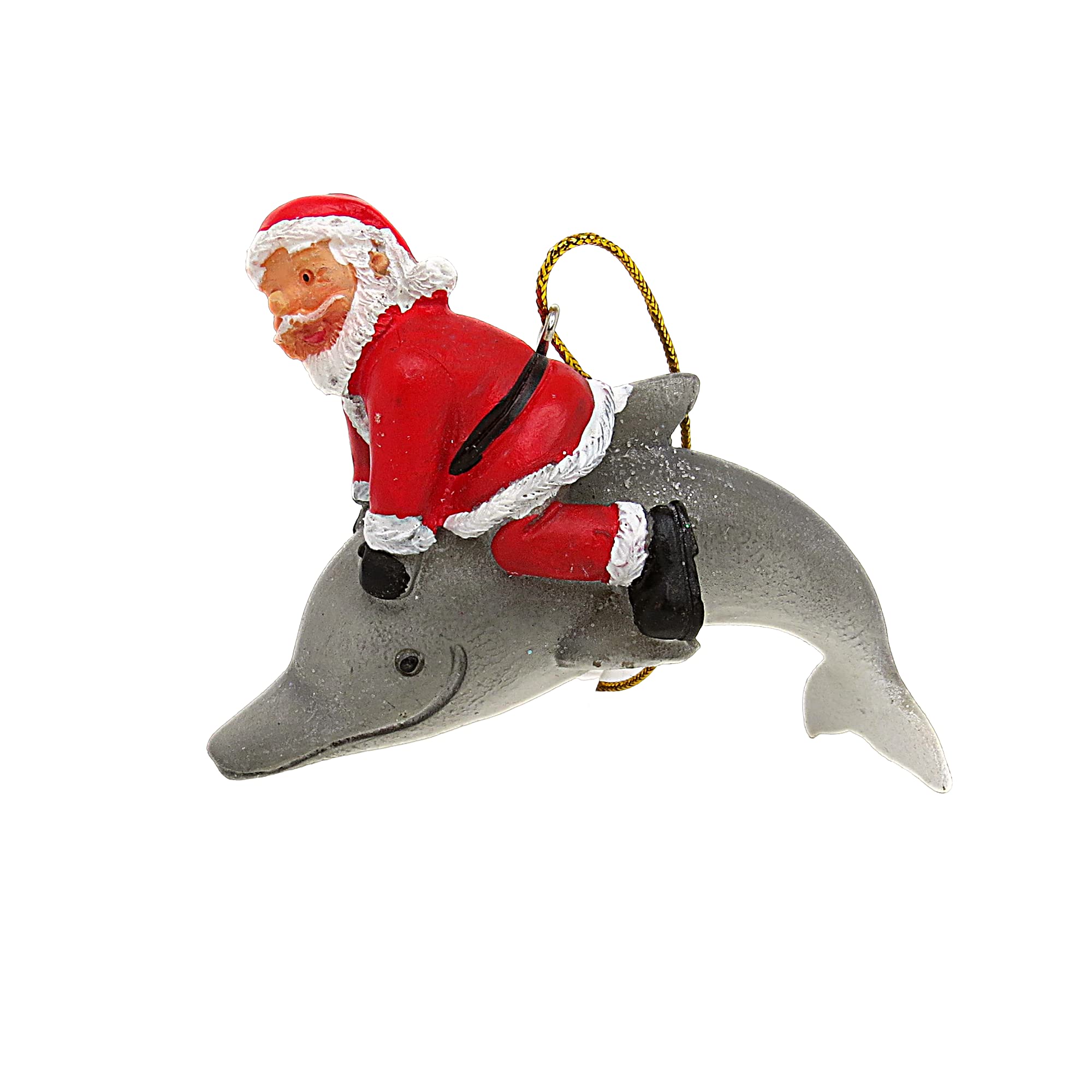 Jolly Santa Riding Gray Dolphin Christmas Ornament, Hanging Xmas Tree Decorations for Florida Beach Homes, 5 Inches
