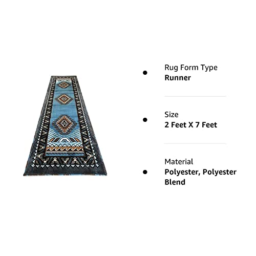 Kingdom Southwest Native American Runner Area Rug Blue & Brown Design D143 (2 Feet X 7 Feet)