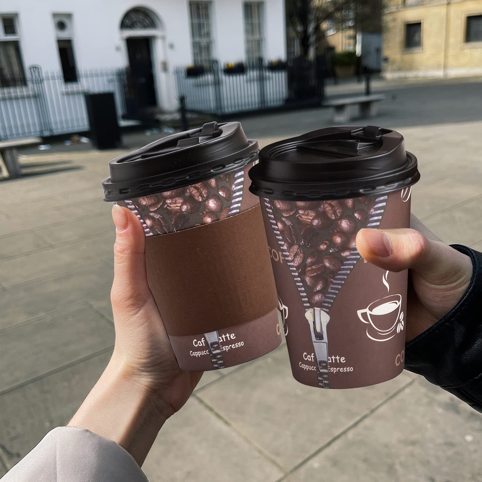 Lamosi 12 oz Coffee Cups with Lids,Sleeves -100 Pack Disposable Coffee Cups To Go Insulation Coffee Cups for Shops, Cafes, and Hot/Cold Drink(Dark Brown)