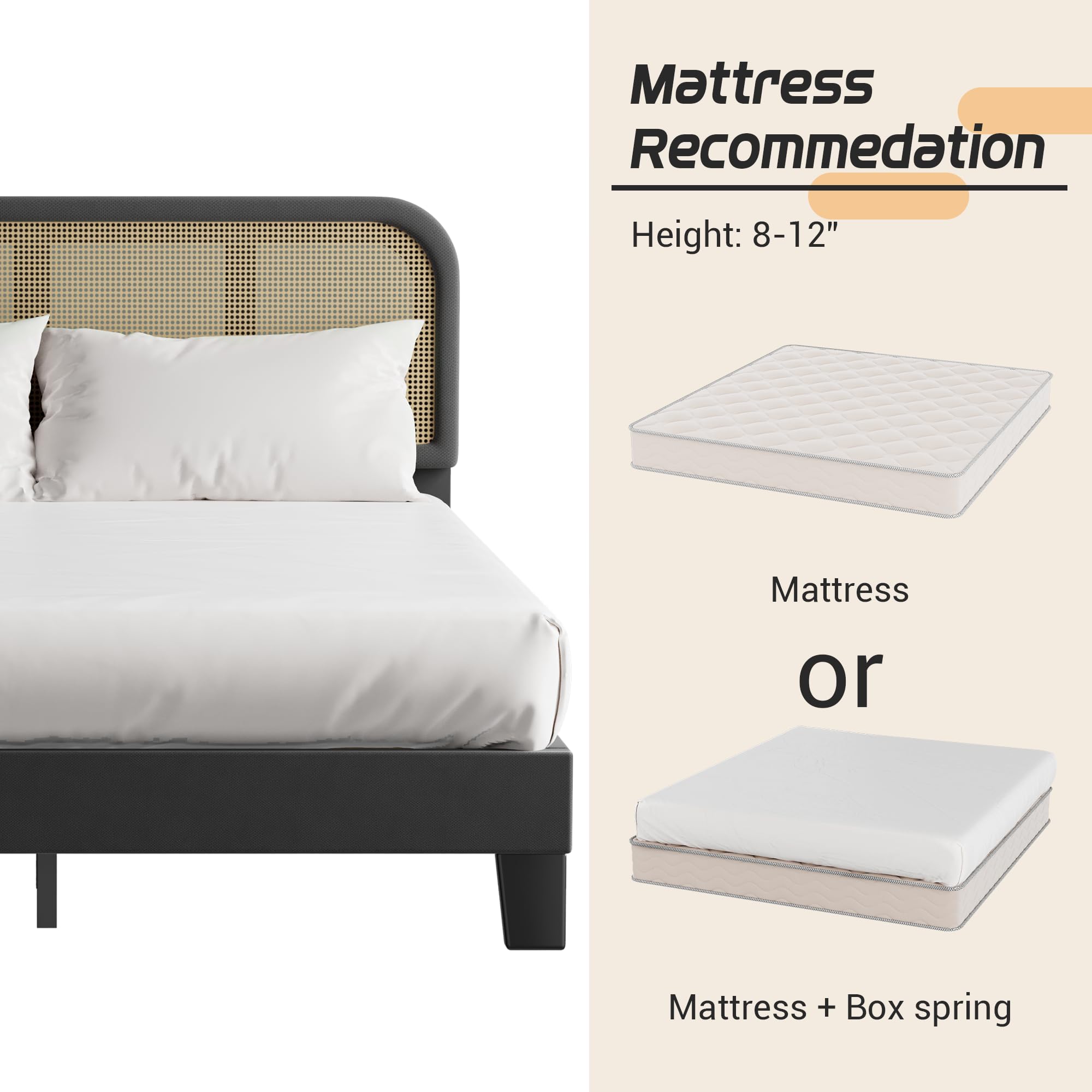Lifezone Queen Bed Frame with Adjustable Rattan Headboard, Queen Size Bed Frame with Wood Slats Support, Safe Rounded Corner Design, Linen Fabric, High Feet, No Box Spring Needed, Dark Grey