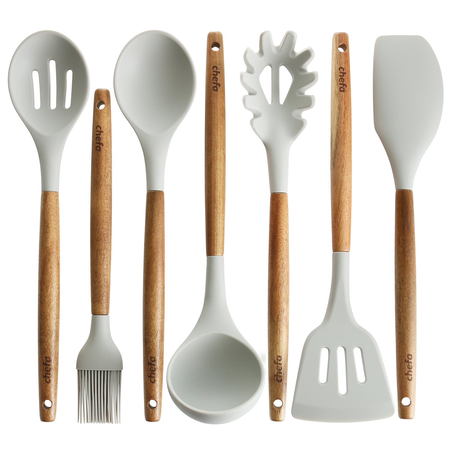 Silicone Cooking Utensils | Wooden Handle, Non-Stick Cookware Heat Resistant Kitchen Utensil Spatula, Slotted & Solid Spoon, Soup Ladle, Slotted Turner and Spaghetti Server,| Acacia Wood - Light Grey