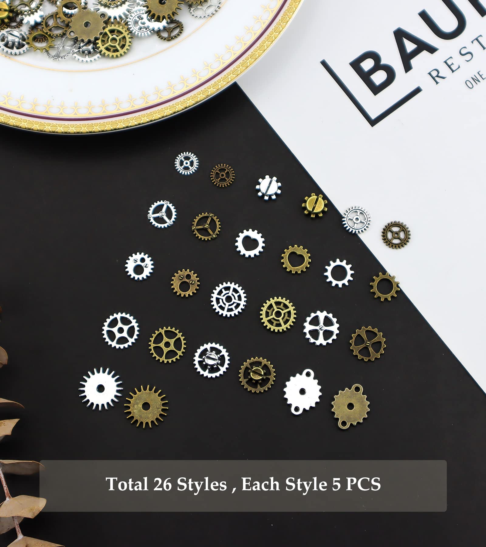 JIALEEY 130PCS Steampunk Gears Charms Bronze & Silver Assorted Antique Steampunk Gears Charms Pendant Clock Watch Wheel Gear DIY for Jewelry Making Crafting