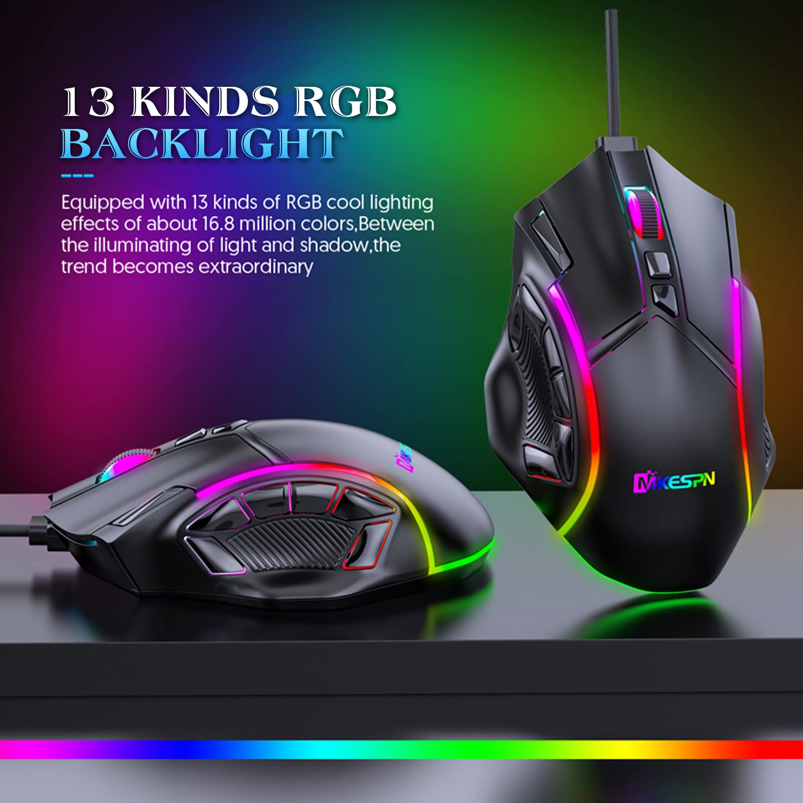 Scettar C44 programmable Wired Gaming Mouse with Side Buttons，6 DPI Level Adjustable、13kind of RGB Mouse ，12 Programmable Mouse Buttons，1000HZ Response Rate, Compatible with PC/Mac
