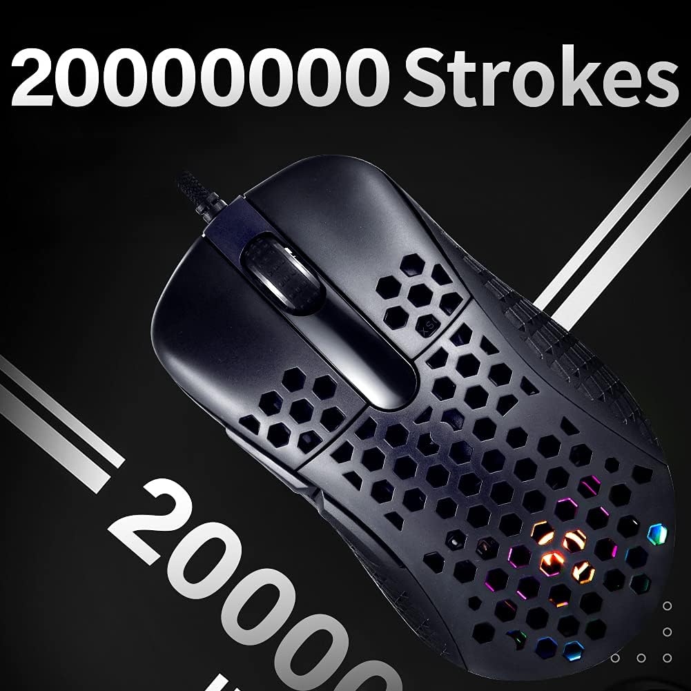Lightweight Gaming Mouse, Honeycomb Design RGB Backlit Support Custom Buttons Maximum Support 12000DPI (Black)