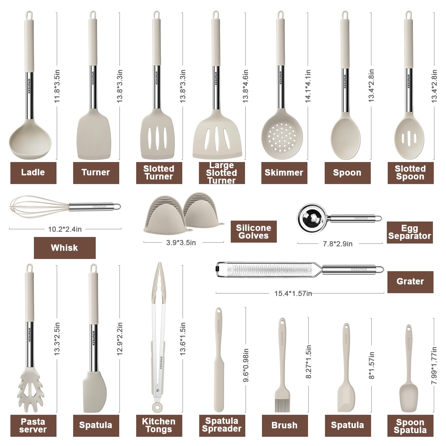 KESUPAIR Silicone Kitchen Utensils Set, 20 pcs Cooking Utensils Set-Cooking Utensil - Kitchen Gadgets and Tools with Holder-Stainless Steel Kitchen Utensil with Grater,Turner,Tongs (Khaki)