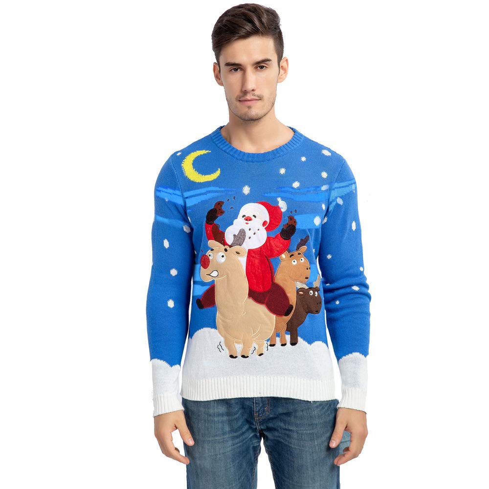 JOYIN Men's Christmas Fuzzy Reindeer Ugly Sweater for Holiday or Birthday Gift (X-Large, Blue)