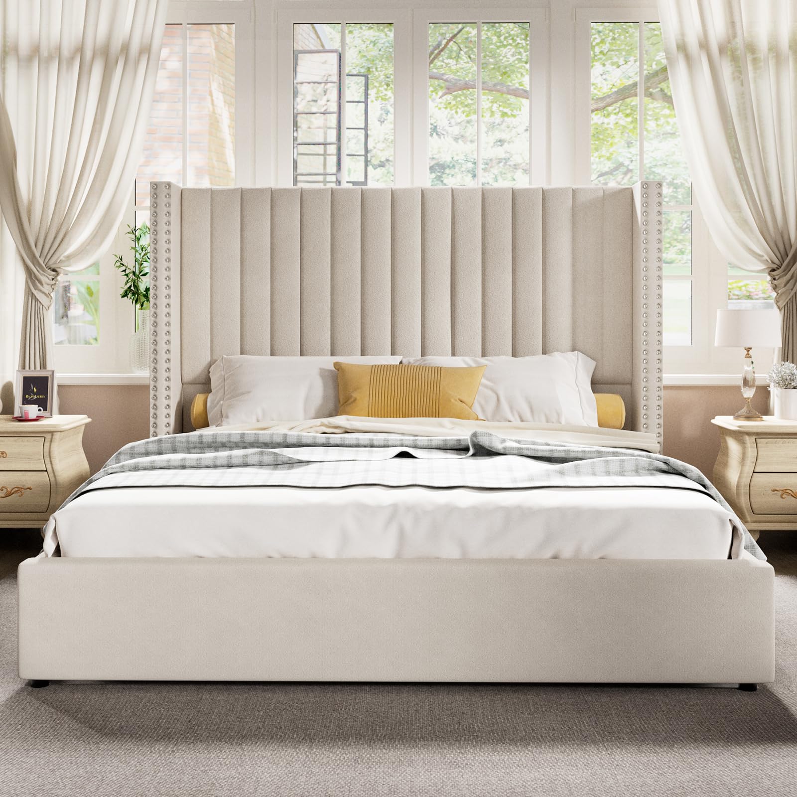 Jocisland Lift up Storage Bed Frame King Size, Upholstered Platform Bed Velvet with Channel Tufted Wingback Headboard, No Box Spring Needed, Cream