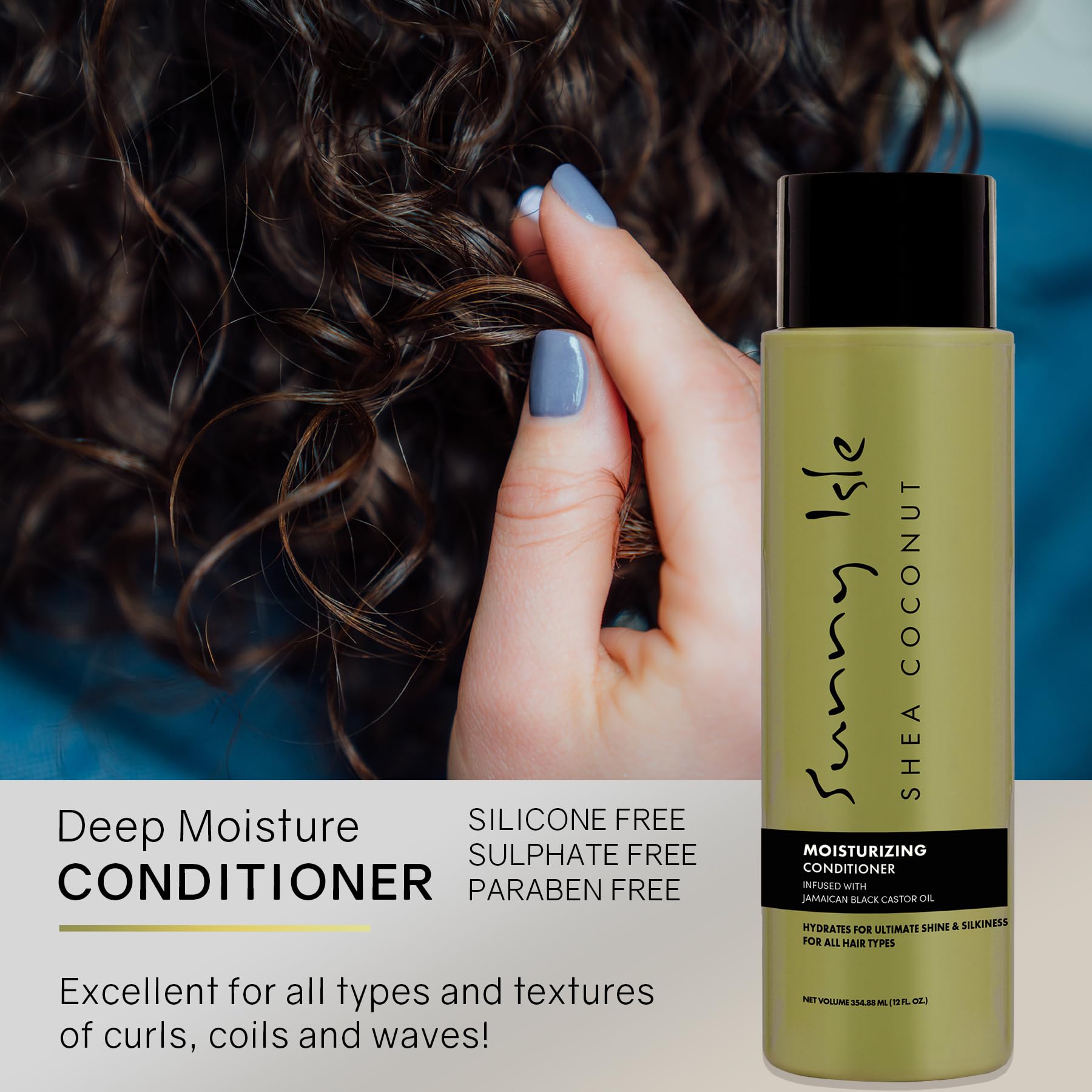Sunny Isle Shea Coconut Moisturizing Shampoo and Conditioner 12oz, Intensive Repair Masque 16oz, Extra Dark JBCO 2oz (4-Piece) Bundle | Deep Hydration - Curly Wavy Coils