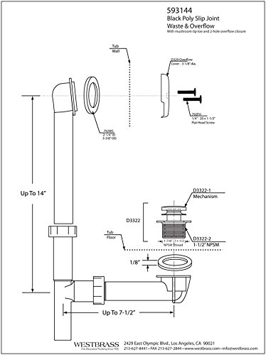 Westbrass Y593144-12 14" Black Tubular Bath Waste & Overflow Assembly with Tip-Toe Drain Plug and Two-Hole Faceplate, 1-Pack, Oil Rubbed Bronze