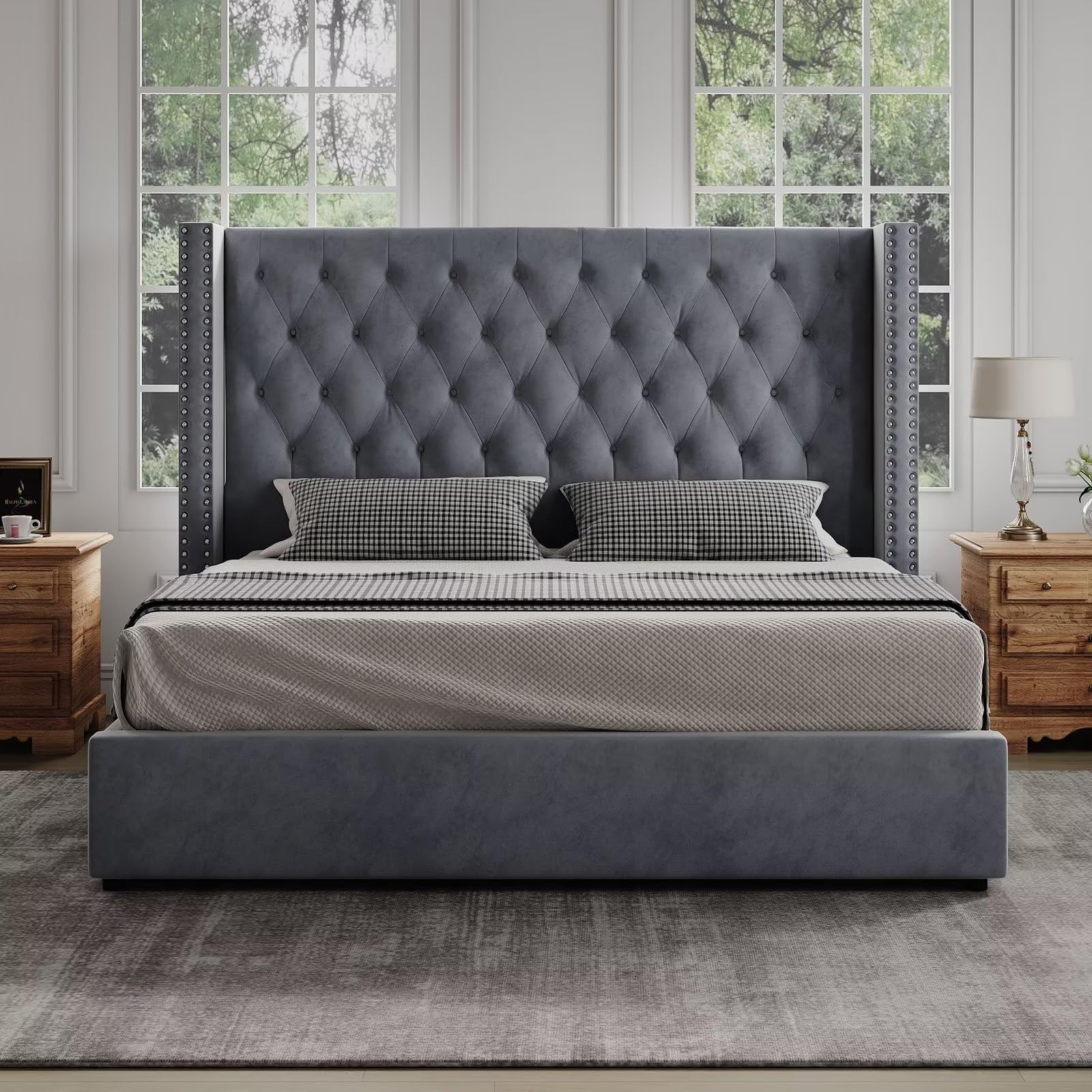 Jocisland King Size Lift Up Storage Bed, Upholstered Platform Bed Frame and Velvet Button Tufted Headboard with Wingback, Hydraulic Storage, No Box Spring Needed, Easy Assembly, Black