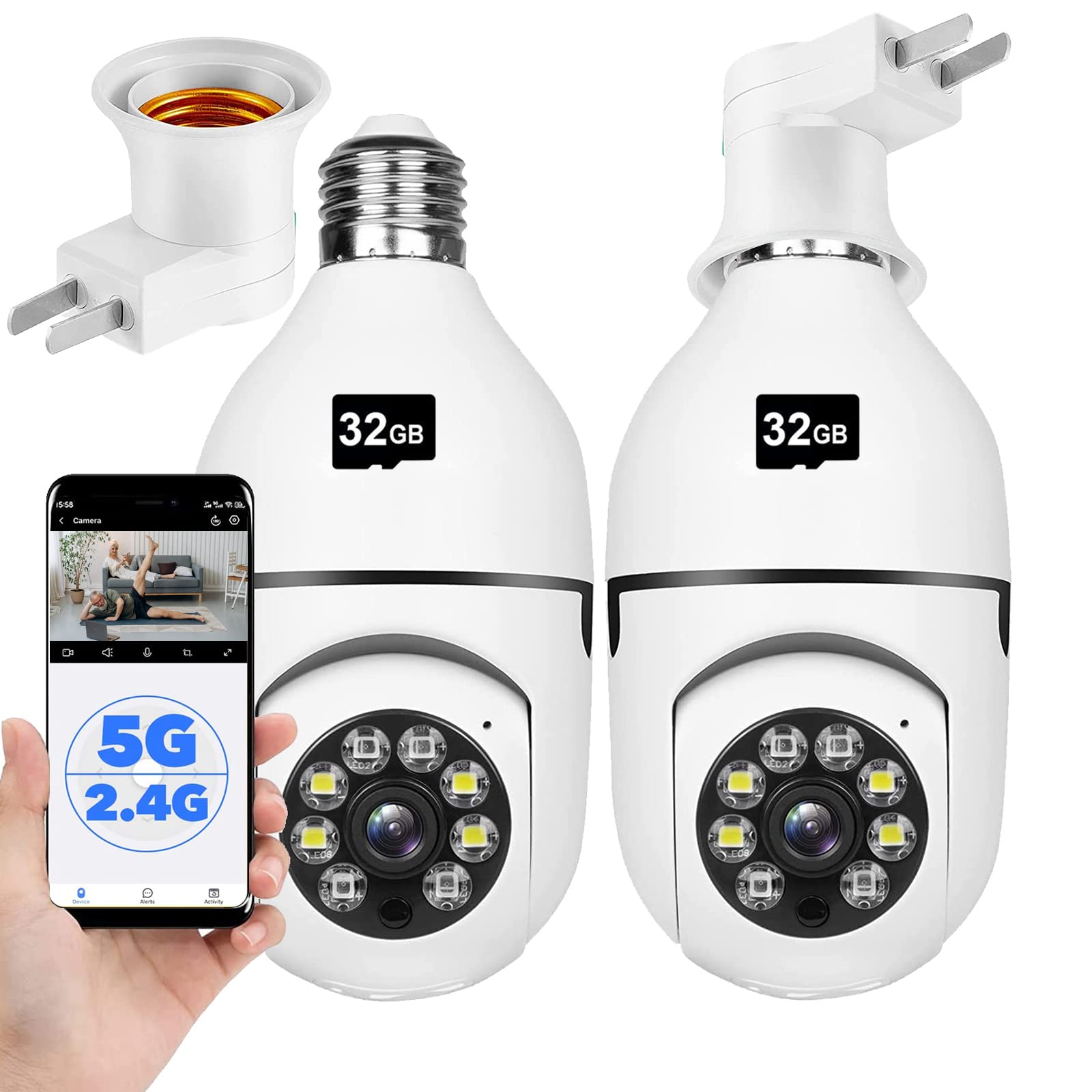 Light Bulb Camera,360 Light Bulb Security Camera,Light Socket Security Camera,2.4G/5GHz Smart Wireless WiFi 1080P HD Security Camera for Indoor- Outdoor,Motion Detection(2pc- with 32GB SD Card)
