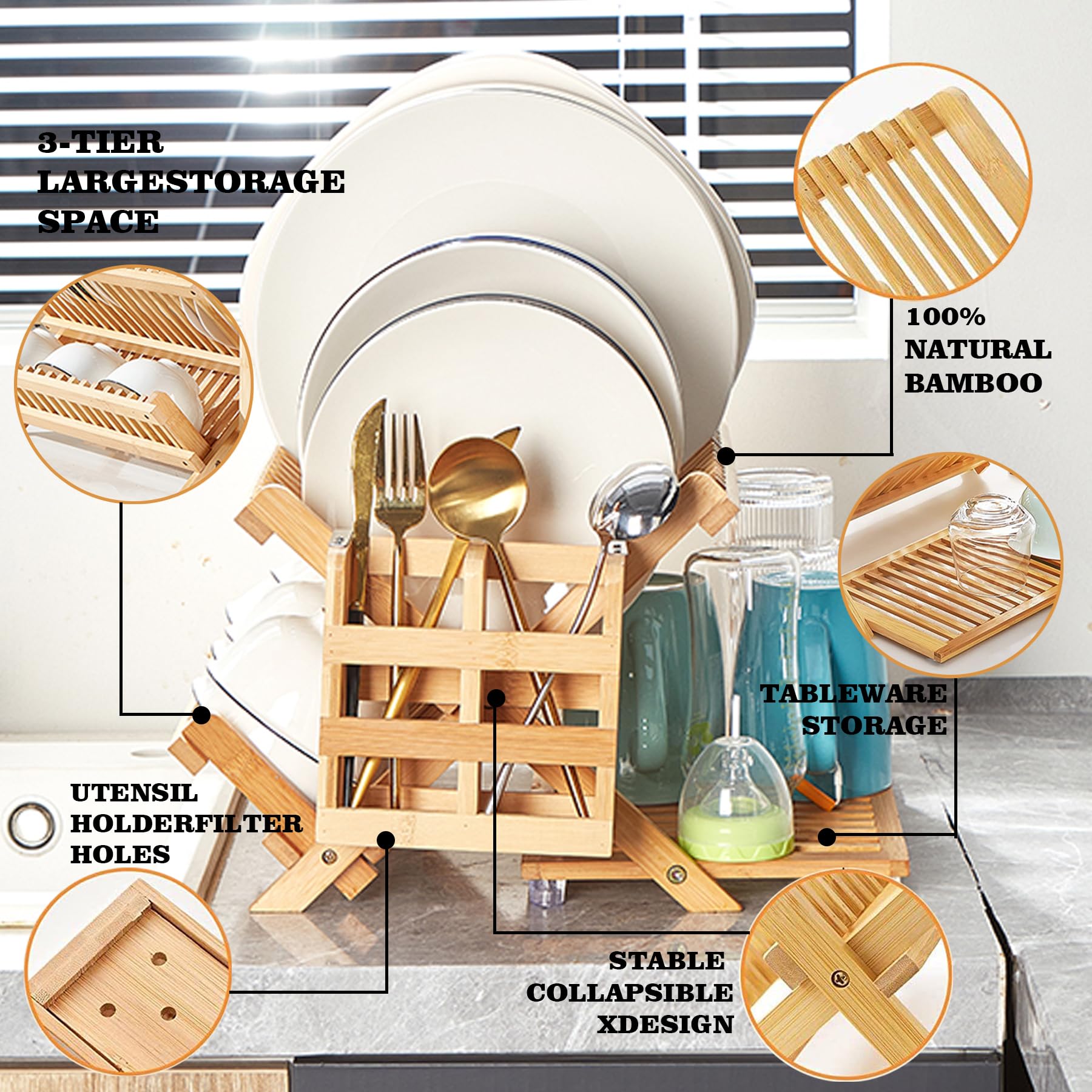 Olioeiao Bamboo Dish Drying Rack for Kitchen - Collapsible 3-Tier Wooden Folding Drainer with Utensil Holder and Dish Strainer Board for Countertop, Sink, and Racks Dryer (Natural)