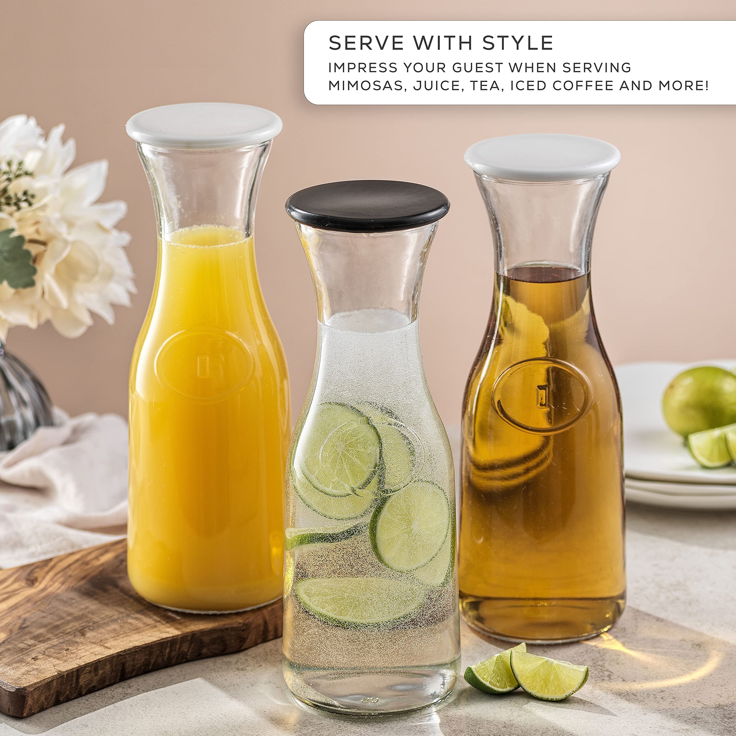 JoyJolt Glass Carafe with Lids. 4 Glass Carafes for Mimosa Bar 36 oz Capacity. 8 Lids! Brunch Decorations, Bedside Water Carafe, Orange Juice Container, Catering Drink Carafes & Pitchers for Parties