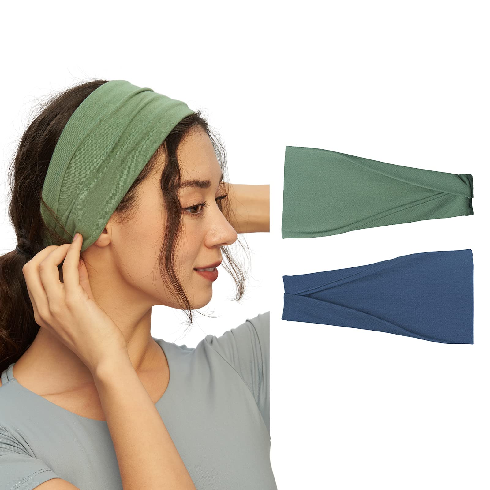 Lulucheri The Perform Women’s Headbands 2-Pack, Non Slip Sweat Wicking Elastic Hair Bands for Yoga, Running and Exercise (Sage Green + Aegean Blue)