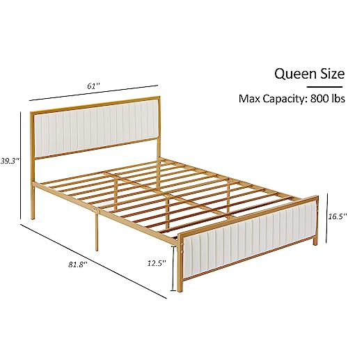 VECELO Queen Bed Frame with Upholstered Tufted Headboard & Footboard, Heavy Duty Steel Slats Platform, No Box Spring Needed, Gold