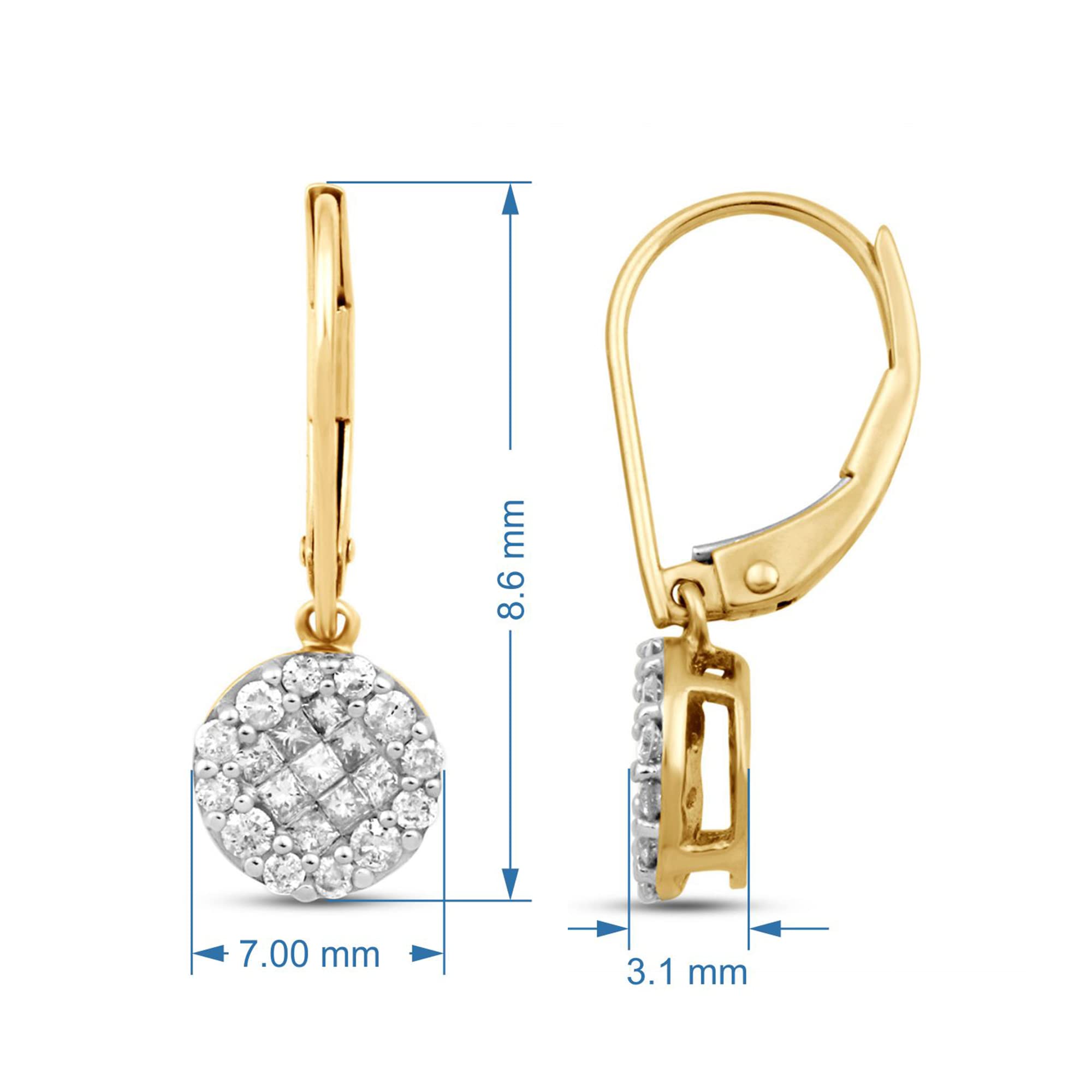 Jewelili 10K Yellow Gold 1/2 Cttw Natural White Princess and Round Diamonds Dangle Earrings