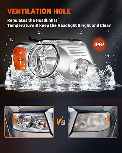 MIROZO For F-150 Headlights from Headlamps Assembly Set for Ford for F-150 2004 2005 2006 2007 2008 Chrome Housing Amber Reflector Clear Lens
