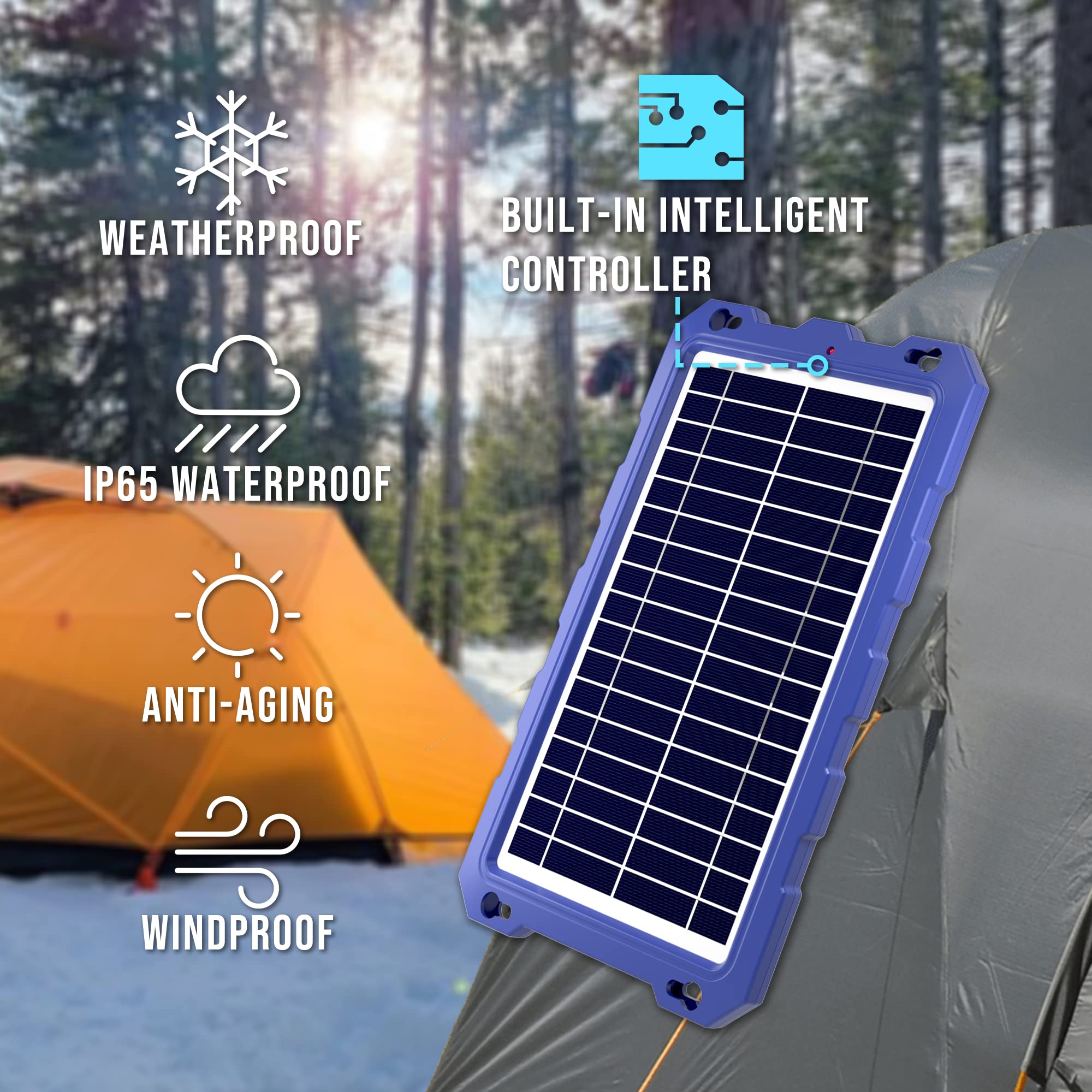 POWOXI 10W 12V Solar Battery Charger& Maintainer,Waterproof Solar Panel Trickle Charger with Cigarette Lighter & Alligator Clips for Car, RV, Boat, Motor, Lawn Mower(Blue)