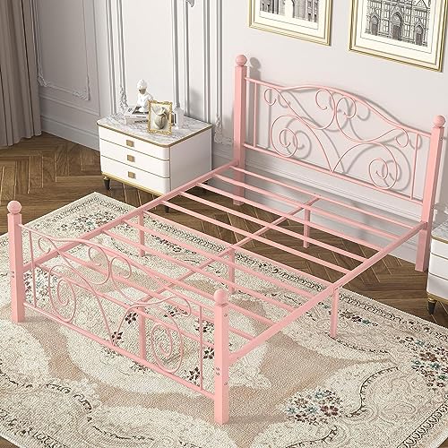 VECELO Queen Size Bed Frame with Headboard and Footboard, Heavy Duty Metal Slat Support, Platform Mattress Foundation, No Box Spring Needed, Easy Assembly, Pink