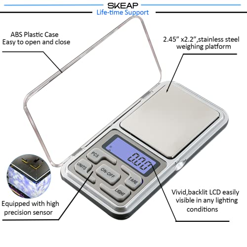 Precision Pocket Scale 200g x 0.01g, SKEAP Digital Gram Scale Small Herb Scale Mini Food Scale Jewelry Scale Ounces/ Grains Scale, Easy to Carry, Great for Travel ,Backlit LCD, Stainless Steel
