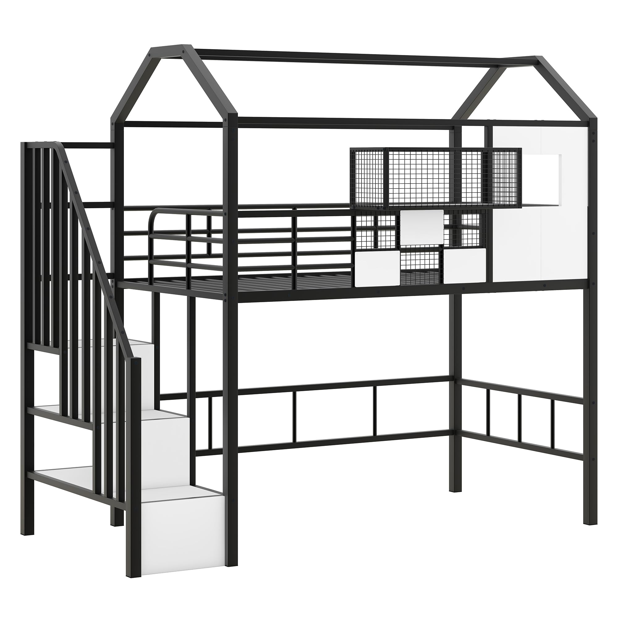 THINK 30 Metal Loft Bed with roof Design and a Storage Box, Twin, Black