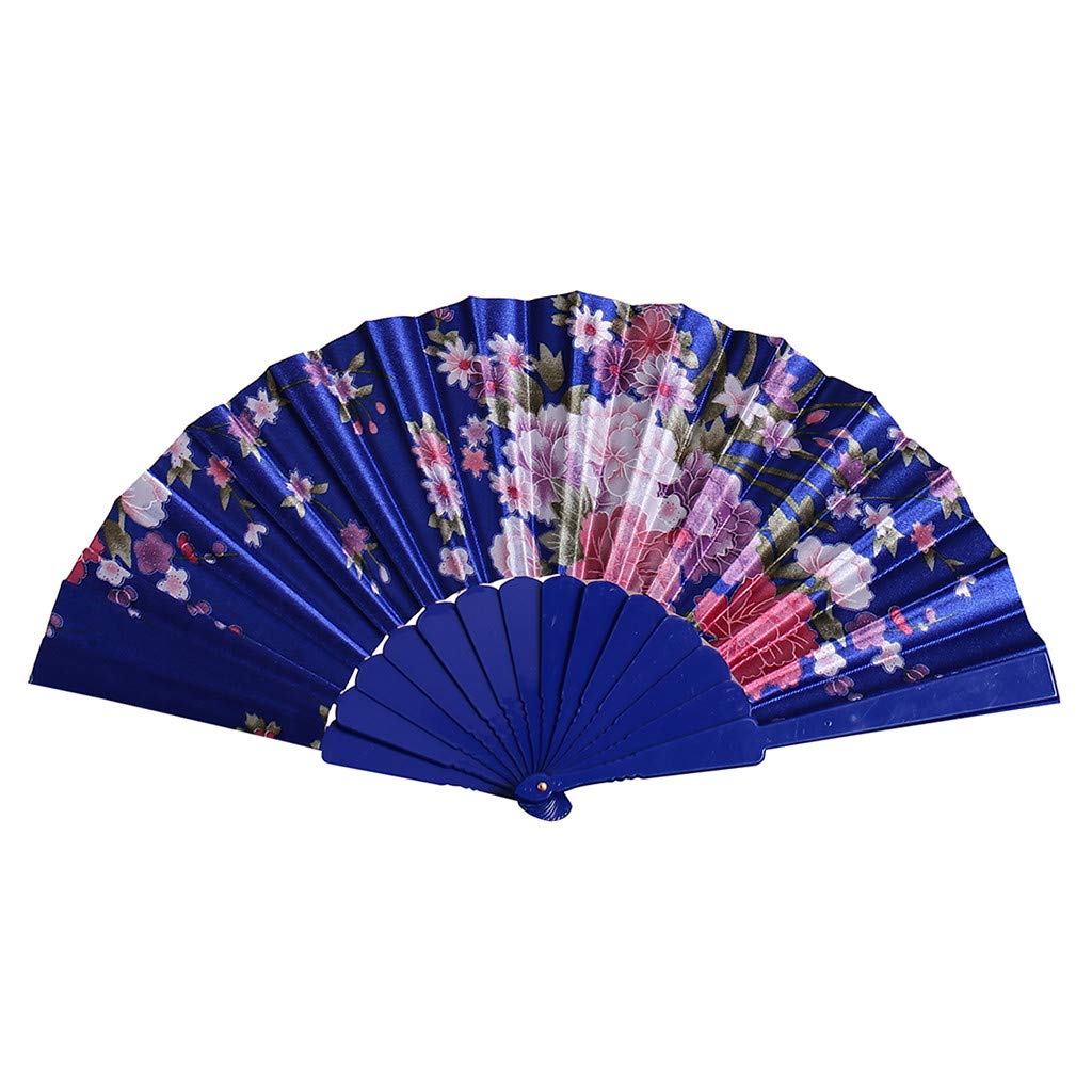 Party Dance Lace Fan Wedding Silk Hand Held Folding Flower Fans Window Fans with Exhaust And Intake (Blue, One Size)