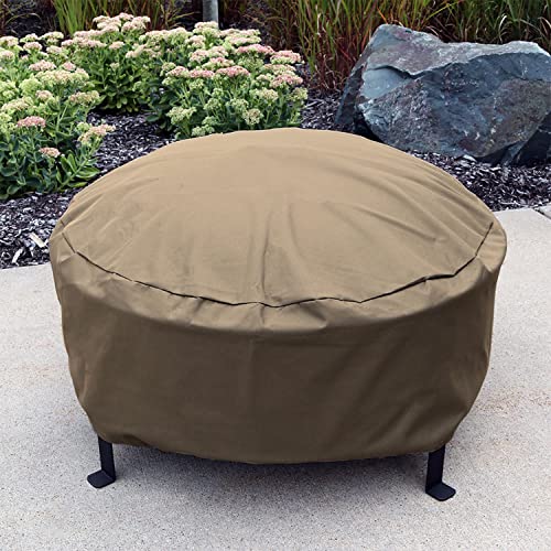 Sunnydaze Round Outdoor Fire Pit Cover - Heavy-Duty 300D Polyester and PVC with Drawstring Closure - Khaki - 48-Inch