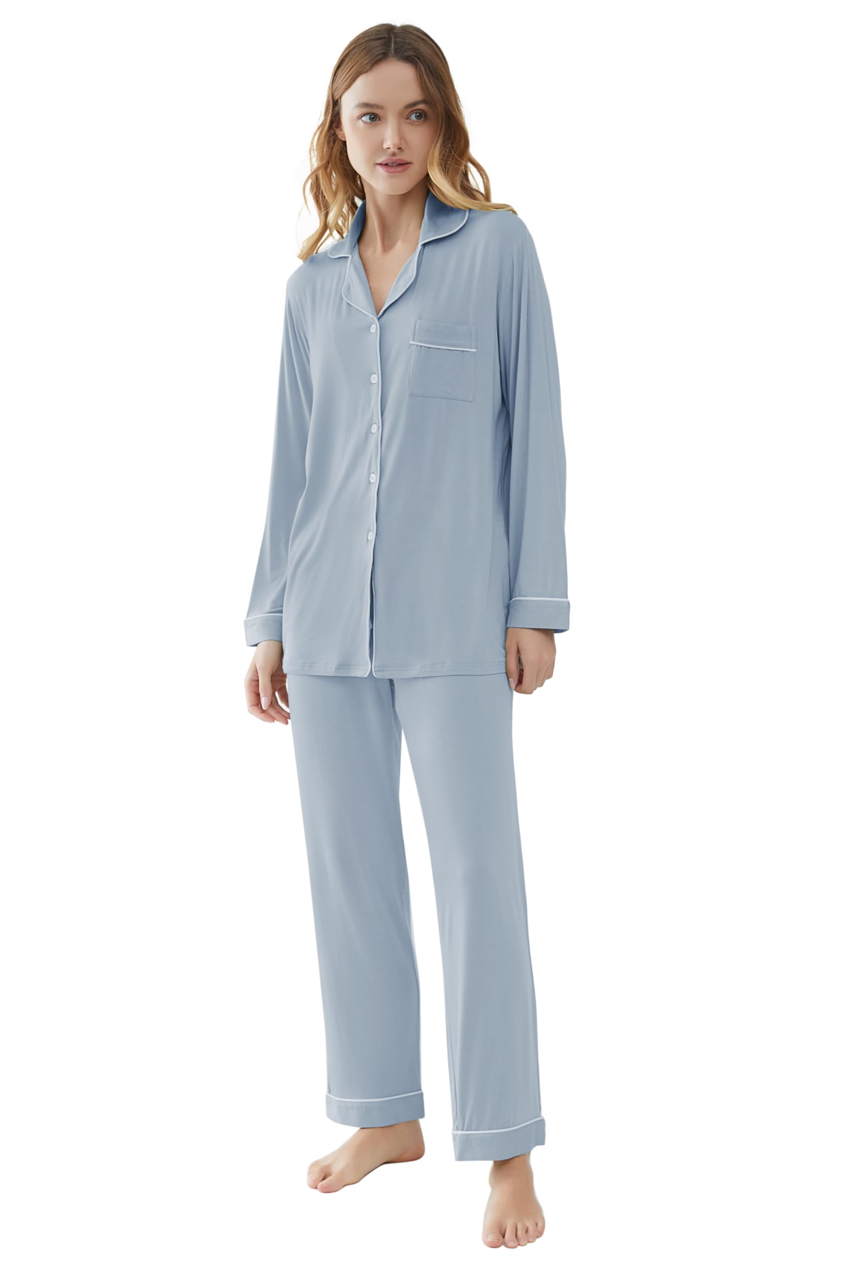 Joyaria Ladies Winter Button Down/Up Pajama/Pj Set Long Sleeve Long Pants(Dusty Blue, Medium)