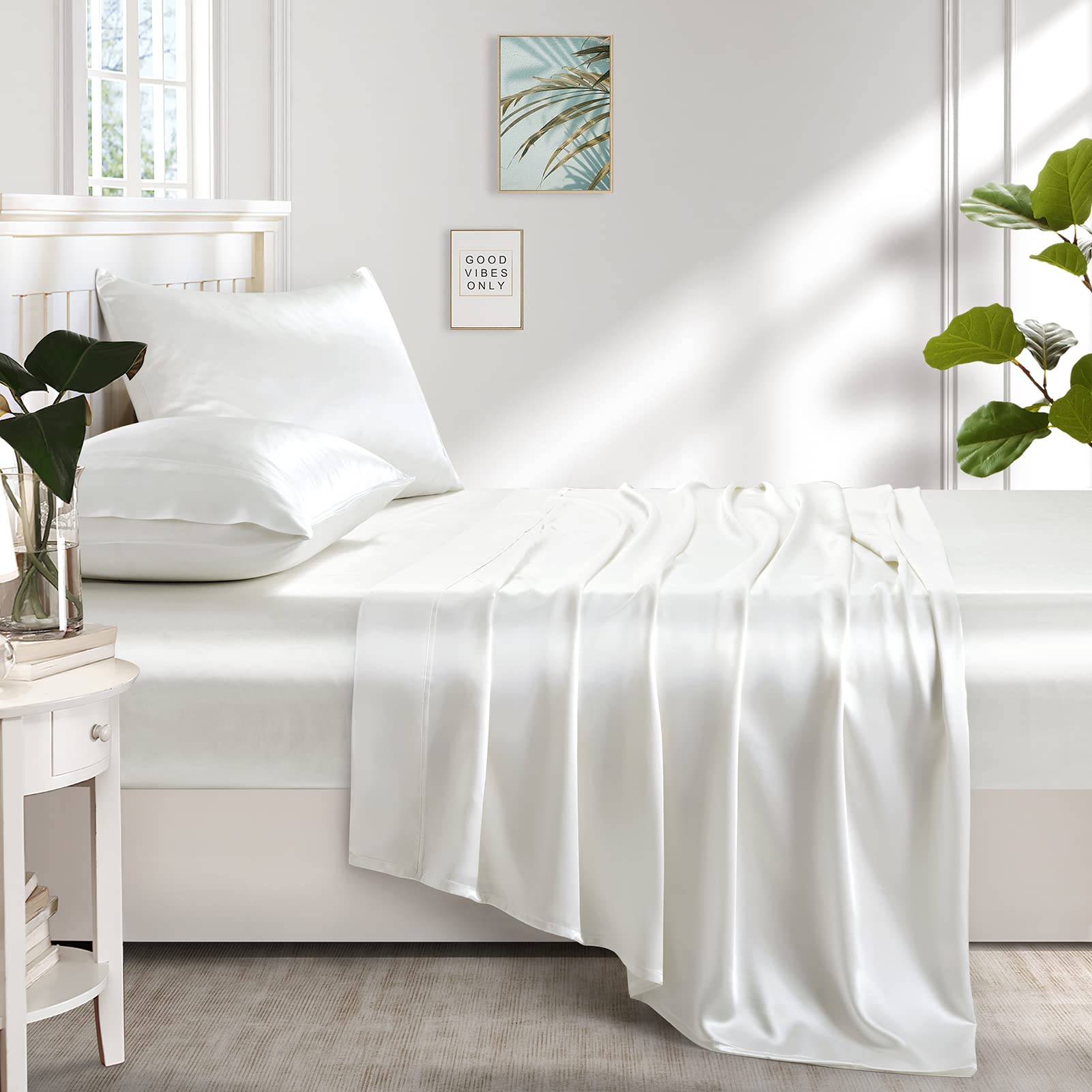 Lanest Housing Silk Satin Sheets, 4-Piece Queen Size Satin Bed Sheet Set with Deep Pockets, Cooling Soft and Hypoallergenic Satin Sheets Queen - Ivory