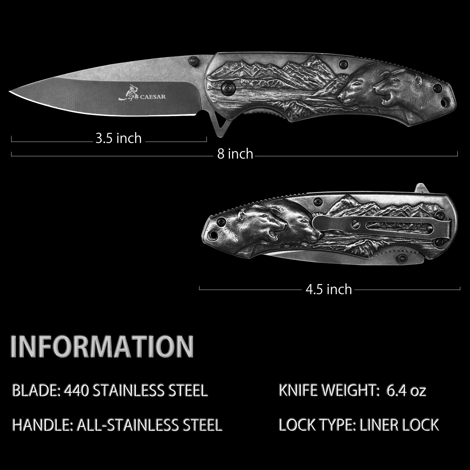 Pocket Folding Knife, Survival Knife With 3D Embossed Bear Pattern, Great Gift Edc Pocket Knife For Men Outdoor Camping Hiking Hunting Knife