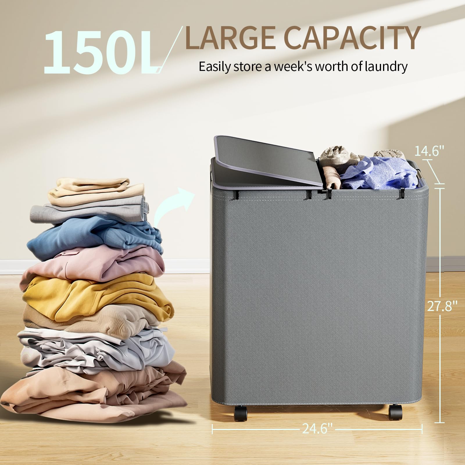 Yecaye 150L Laundry Hamper with Wheels, Rolling Laundry Basket with Lid and 2 Removable Laundry Bag, Large Capacity Clothes Hampers for Laundry, Bedroom, Bathroom, Dorm, Laundry Room, Grey