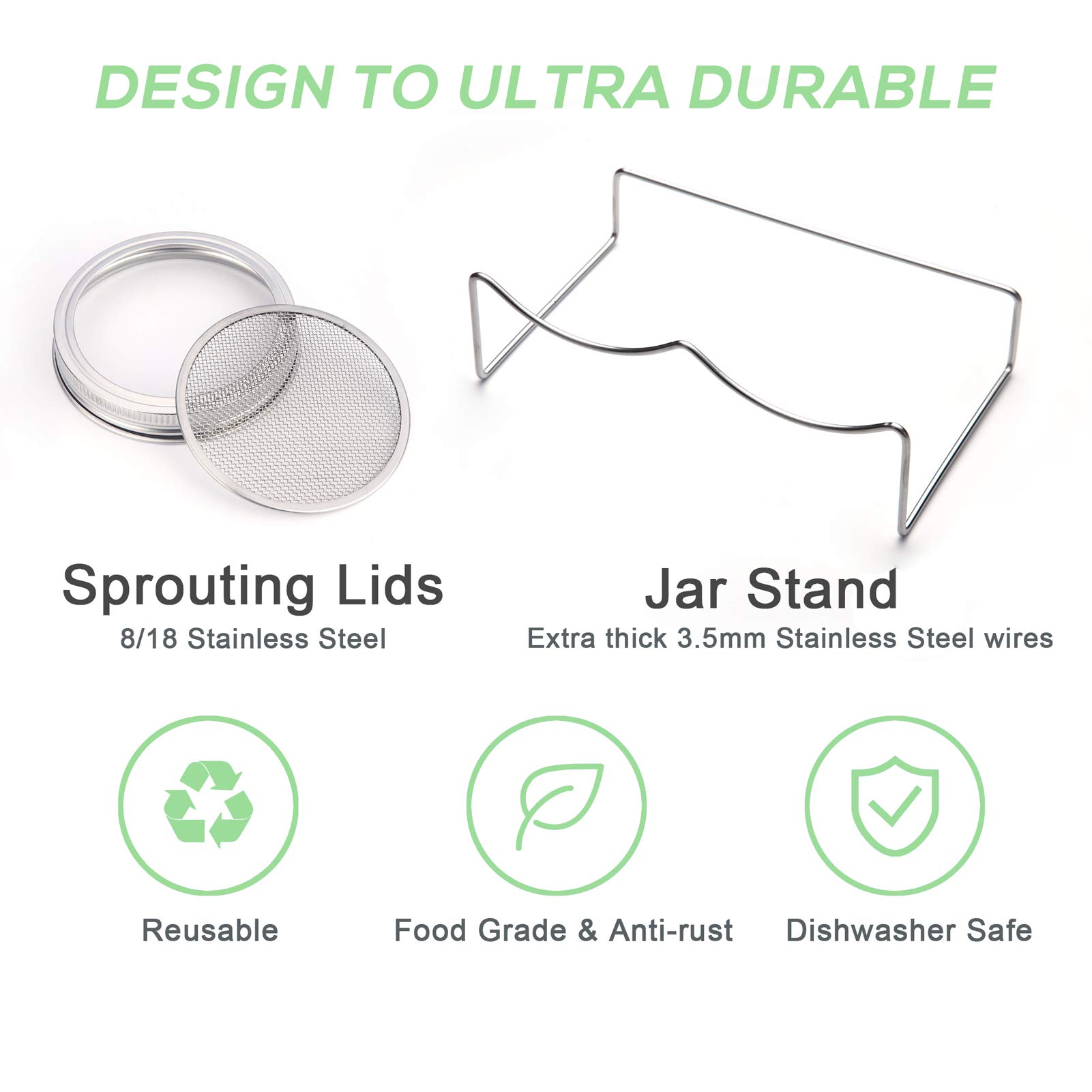 Seed Sprouting Jar Kit | 2 Wide Mouth Mason Jars & Stainless Steel Screen Lids,Tray,Stand and Canning Brush | Sprouter Set to Grow Broccoli, Alfalfa,Organic Microgreens Sprouts & Mung Bean (White)