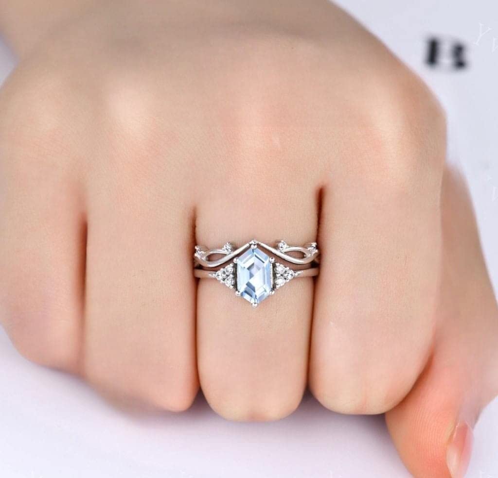 Retro hexagon Aquamarine Ring,Vintage Sterling Silver Ring Set,Unique Aquamarine Engagement Ring,Promise Ring,Anniversary Ring Gift For Her (ROSE GOLD, 6)