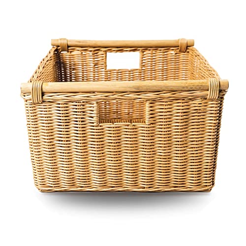 The Basket Lady Deep Pole Handle Wicker Storage Basket, Extra Large, 17.5 in L x 18 in W x 11.5 in H, Sandstone