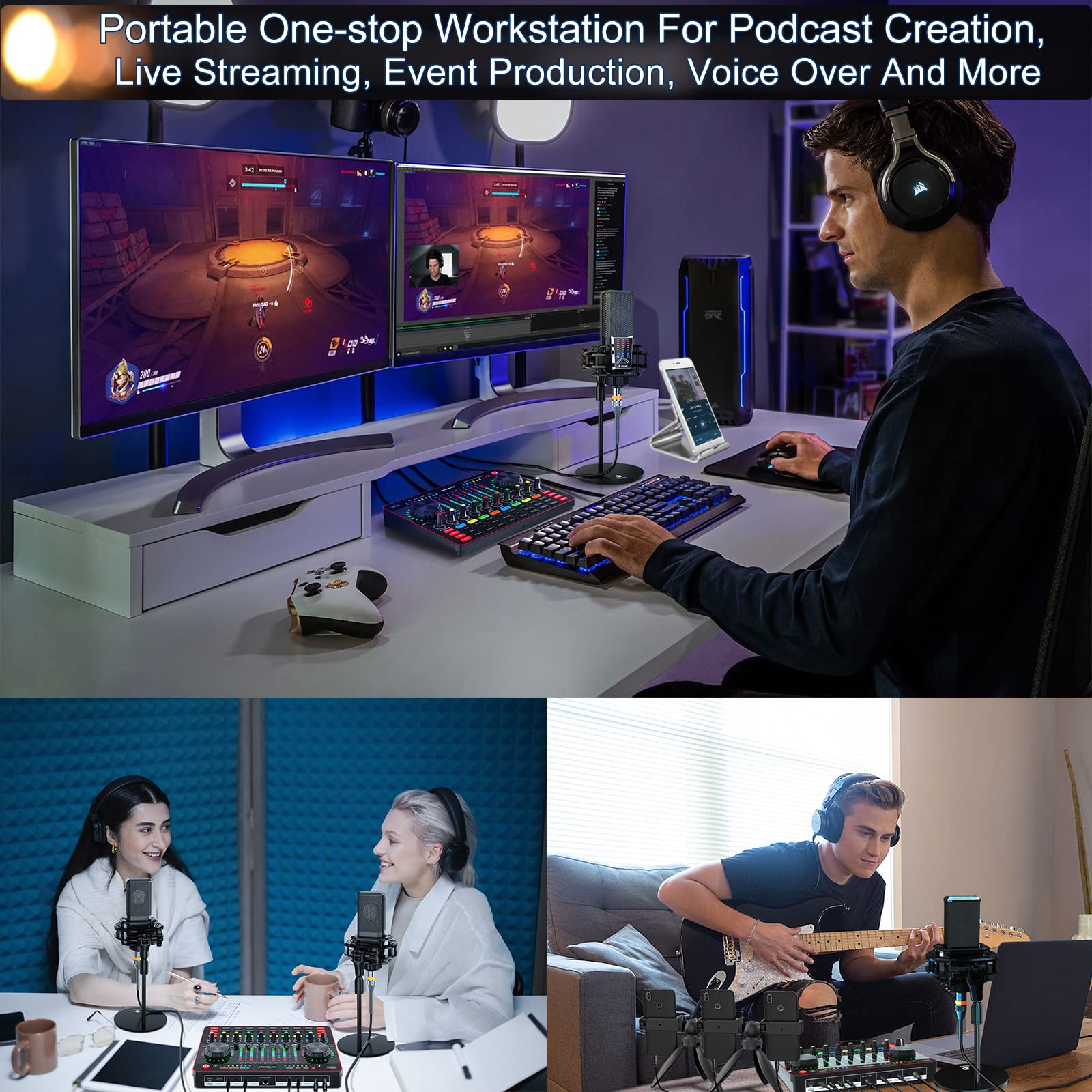 Podcast Equipment Bundle, tenlamp Audio Mixer with Live Sound Card and L12 Podcast Microphone Bundle, All-In-One Podcast Kit for PC or Cellphone Live Streaming, Music Studio Recording, Guitar