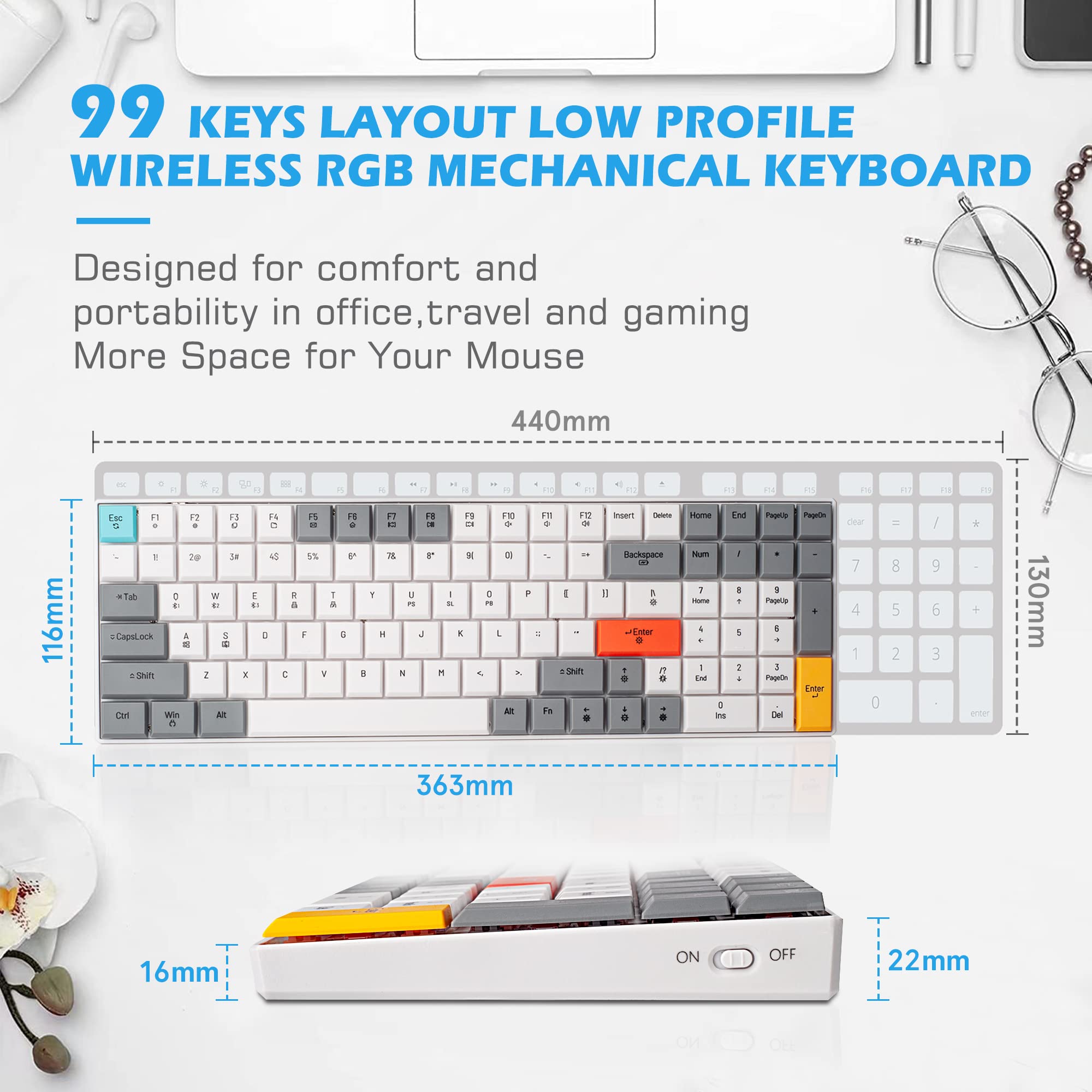 Odycle Low Profile Mechanical Keyboard, 99 Keys Triple-Mode 2.4G/USB-C/Bluetooth Wireless Mechanical Keyboard with RGB Backlit, Compatible with Windows and Mac OS Systems, Brown Switch,White
