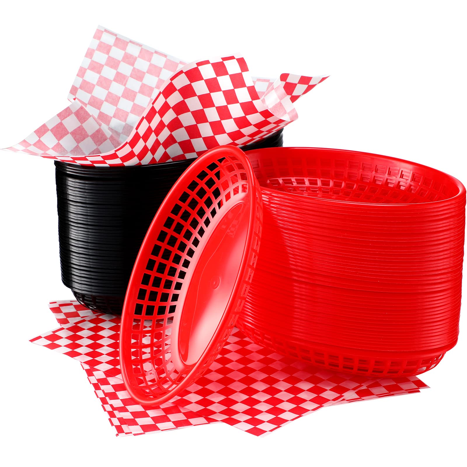 Potchen 80 Pcs Plastic Fast Food Basket with 200 Liners for Serving Hot Dog Baskets and Liners for Summer Birthday Party Serving Baskets Food Paper for Food Hot Dog