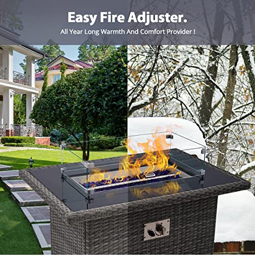 Rectangular Fire Pit Table, 40 inch Propane Fire Pit Table, PE Wicker, Fire Stone Wind Guard Rain Cover Included, Hidden Tank Holder, Black Tempered Glass Tabletop, 55,000 BTU