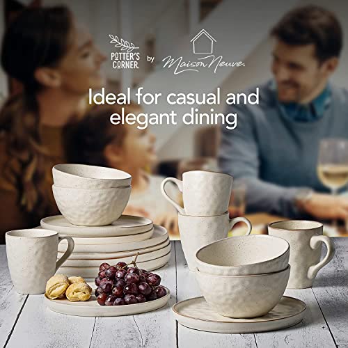 Potter's Corner by Maison Neuve 16-Piece Dinnerware Set Service for 4 - Hand Crafted Bowls and Plates Set w/Mugs, Stoneware Dinnerware Set, Microwave & Dishwasher Safe Plate Set - Oxford White