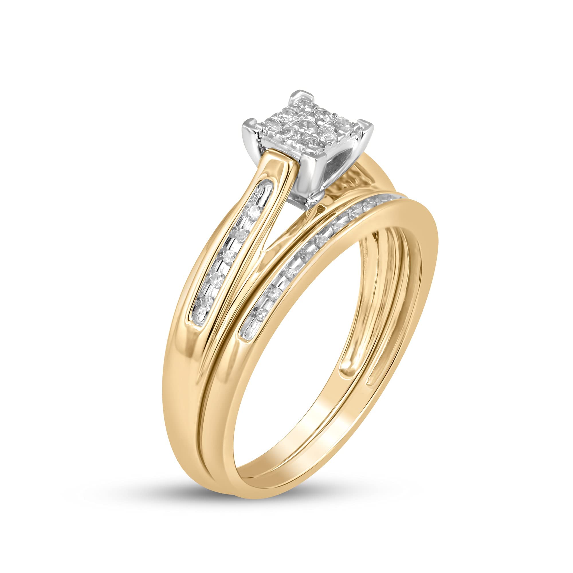 Jewelili 10K Yellow Gold Square Centre 1/6 Cttw Natural White Round Diamond Bridal Ring Set, Size 8