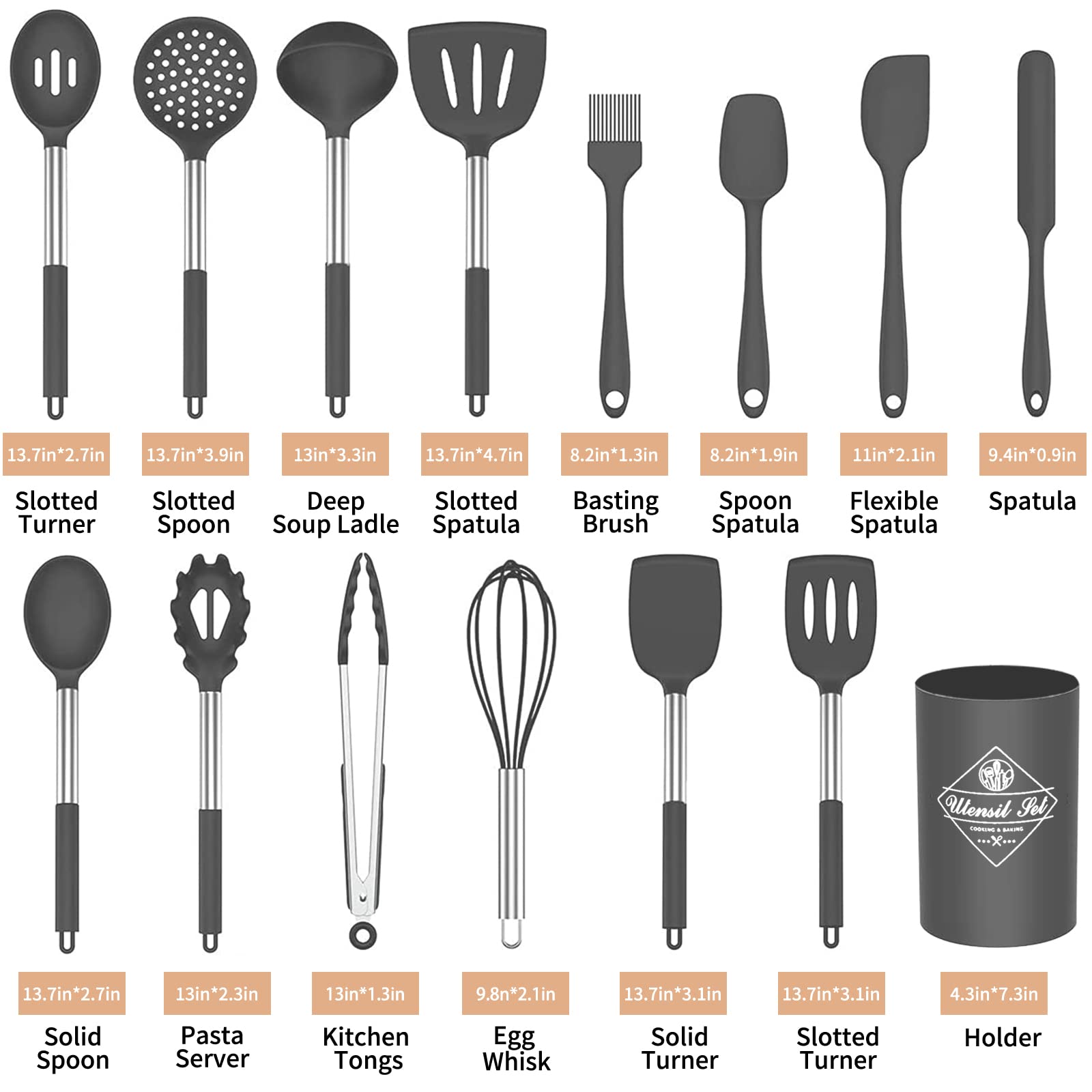 Kitchen Utensils Set, 15 Pcs Silicone Cooking Utensil Set with Stainless Steel Handle, Non-stick Heat Resistant Food Grade Silicone Cookware with Holder, Stylish Kitchen Spatulas Set (Grey)