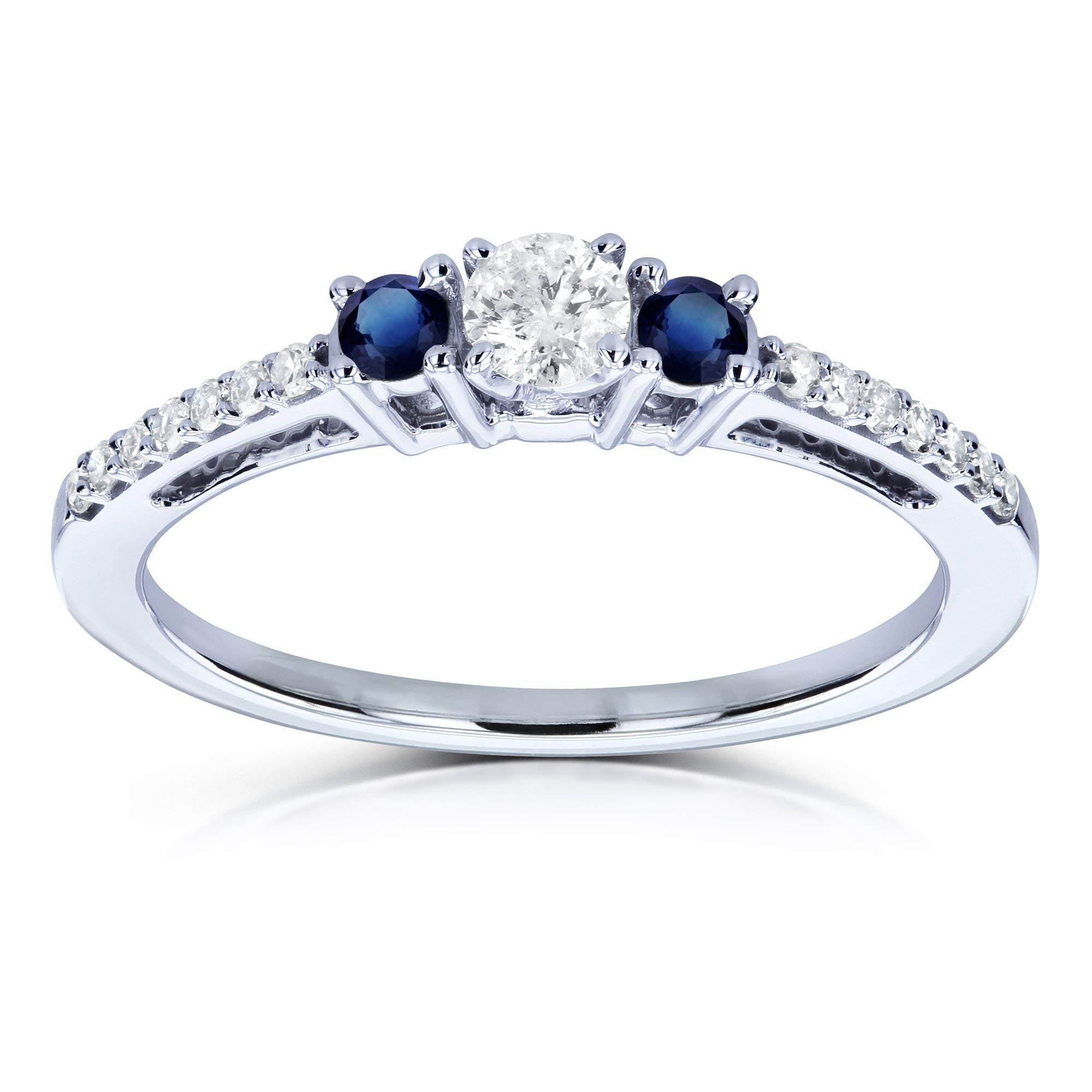 Kobelli Three Stone Round Diamond and Sapphire Engagement Ring 1/4 Carat TW in 10k White Gold - Size 10.5
