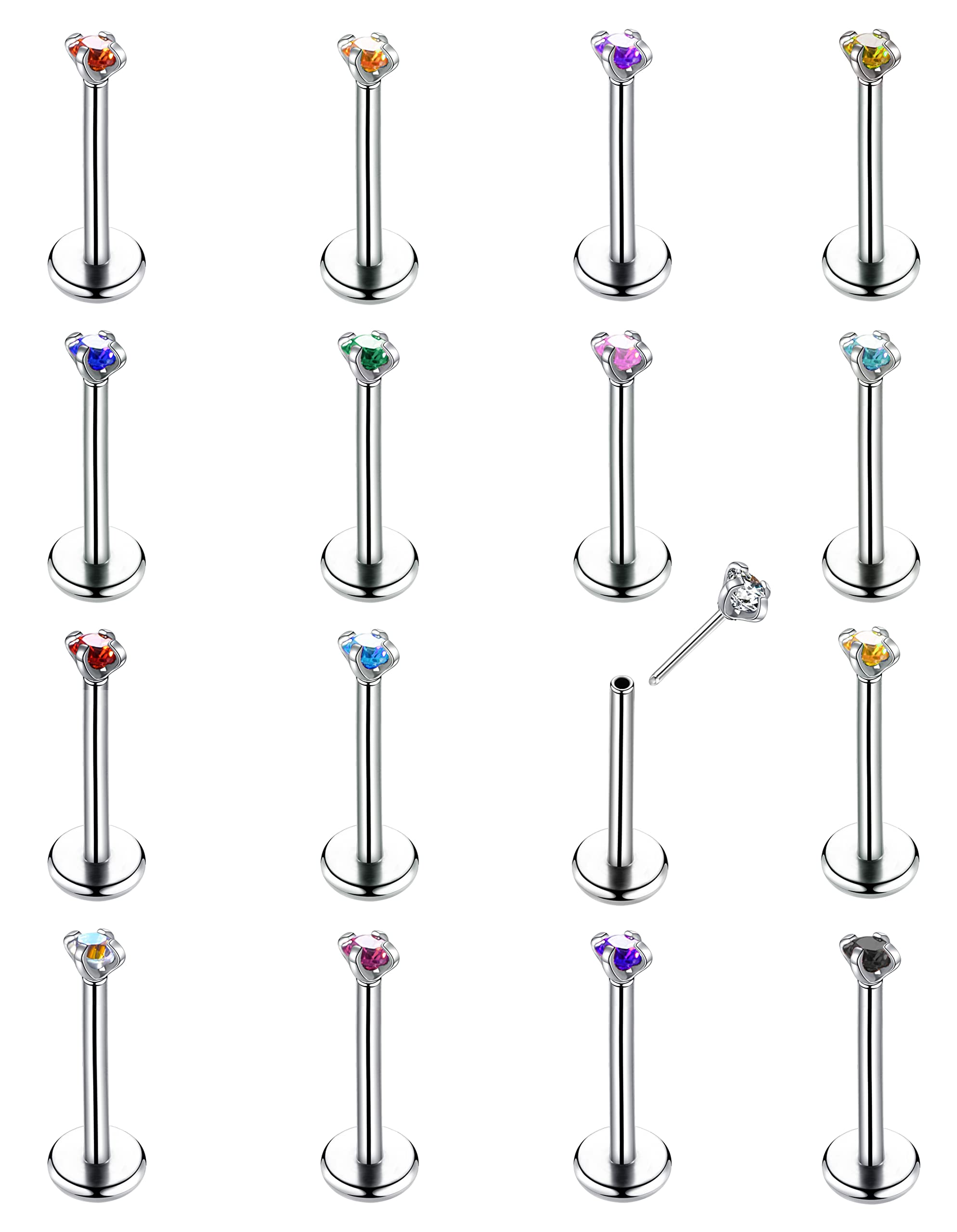 REVOLIA 16 Pcs Stainless Steel 18G Threadless Push in Nose Rings Studs Lip Rings Tragus Earrings Cartilage Stud Helix Labret Monroe Piercing Jewelry