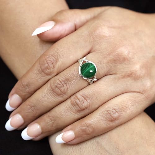 JEWELOPORIUM 925 Silver Ring for Women Green Genuine Malachite Stone Boho Silver Ring Size 8.5 Thanksgiving Gift Statement Jewelry